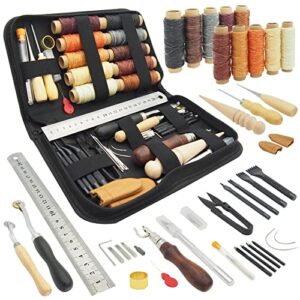 plantional leather working tools for beginners: professional leather craft kit with waxed thread groover awl stitching punch for leathercraft adults gifts