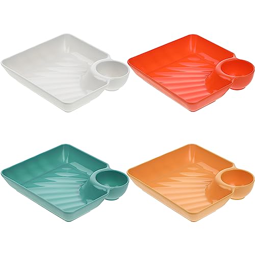 Luxshiny 4pcs Plastic Dumpling Plates with Sauce Compartment Square Serving Plates with Sauce Holder Serving Platter Tray for Party