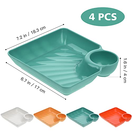 Luxshiny 4pcs Plastic Dumpling Plates with Sauce Compartment Square Serving Plates with Sauce Holder Serving Platter Tray for Party