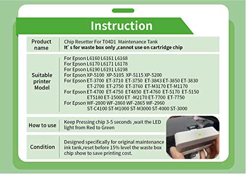 T04D1 Maintenance Ink Tank Waste Box Chip Resetter for Epson L6160 L6161 L6168 L6170 L6171 L6178 L6190 L6191, white