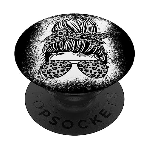 Black And White Leopard Mom Life Messy Bun Women PopSockets Standard PopGrip