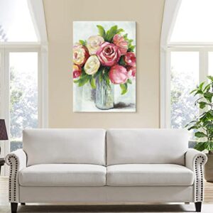 Yuegit Flower Pictures for Living Room Wall Decoration, Pink Floral Canvas Paintings Wall Art Green Plant Botanical Wall Art Framed for Bedroom Wall Decor Ready to Hang 24X36 Inch