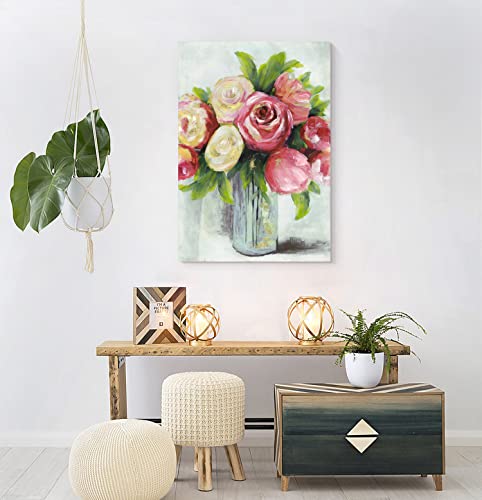 Yuegit Flower Pictures for Living Room Wall Decoration, Pink Floral Canvas Paintings Wall Art Green Plant Botanical Wall Art Framed for Bedroom Wall Decor Ready to Hang 24X36 Inch