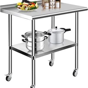 MYOYAY Commercial Stainless Steel Table with Caster Wheels 36"x24" Kitchen Worktables with Backsplashs Prep Food Workbench Under Shelf 330~550lbs Capacity for Restaurant