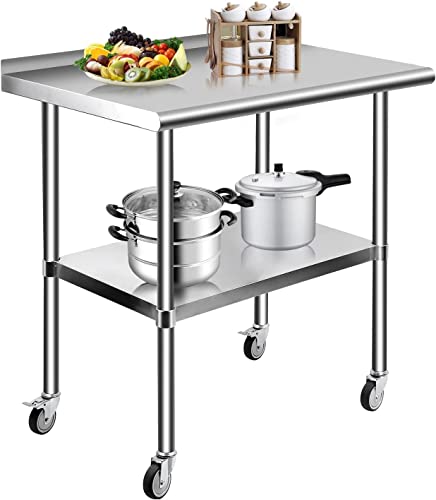 MYOYAY Commercial Stainless Steel Table with Caster Wheels 36"x24" Kitchen Worktables with Backsplashs Prep Food Workbench Under Shelf 330~550lbs Capacity for Restaurant