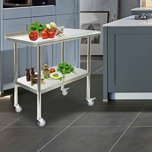 MYOYAY Commercial Stainless Steel Table with Caster Wheels 36"x24" Kitchen Worktables with Backsplashs Prep Food Workbench Under Shelf 330~550lbs Capacity for Restaurant