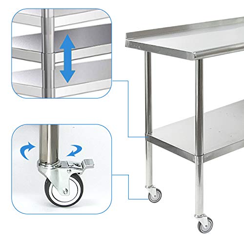 MYOYAY Commercial Stainless Steel Table with Caster Wheels 36"x24" Kitchen Worktables with Backsplashs Prep Food Workbench Under Shelf 330~550lbs Capacity for Restaurant