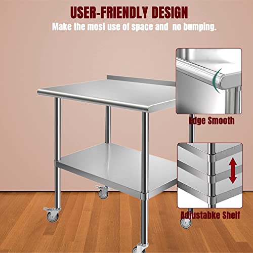 MYOYAY Commercial Stainless Steel Table with Caster Wheels 36"x24" Kitchen Worktables with Backsplashs Prep Food Workbench Under Shelf 330~550lbs Capacity for Restaurant