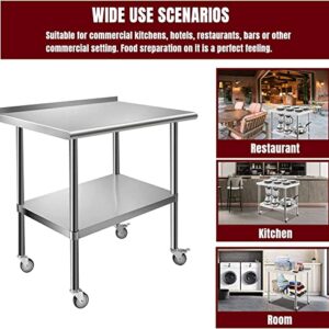 MYOYAY Commercial Stainless Steel Table with Caster Wheels 36"x24" Kitchen Worktables with Backsplashs Prep Food Workbench Under Shelf 330~550lbs Capacity for Restaurant