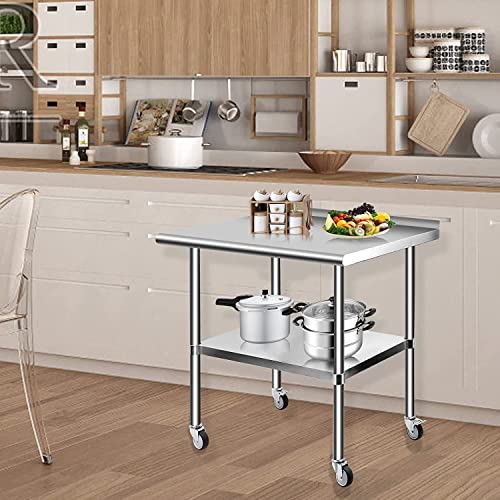 MYOYAY Commercial Stainless Steel Table with Caster Wheels 36"x24" Kitchen Worktables with Backsplashs Prep Food Workbench Under Shelf 330~550lbs Capacity for Restaurant