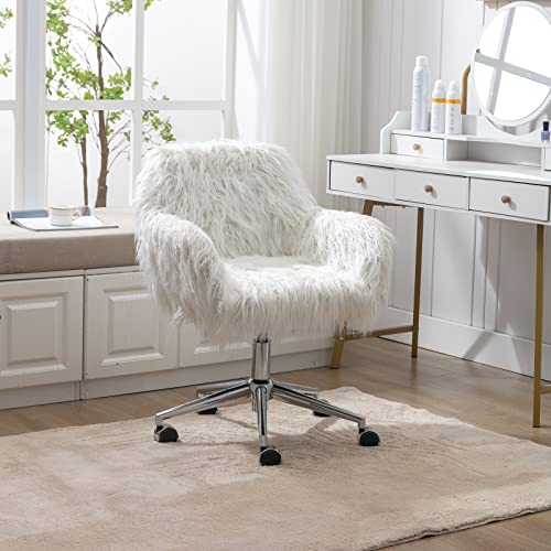 Goujxcy White Faux Fur Desk Chair, Cute Fluffy Upholstered Padded Seat, Vanity Accent Modern Height Adjustable Swivel Office Chair for Living Room Makeup Home Office Bedroom (White)