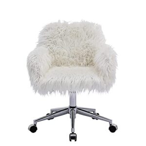 Goujxcy White Faux Fur Desk Chair, Cute Fluffy Upholstered Padded Seat, Vanity Accent Modern Height Adjustable Swivel Office Chair for Living Room Makeup Home Office Bedroom (White)