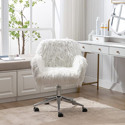 Goujxcy White Faux Fur Desk Chair, Cute Fluffy Upholstered Padded Seat, Vanity Accent Modern Height Adjustable Swivel Office Chair for Living Room Makeup Home Office Bedroom (White)