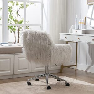 Goujxcy White Faux Fur Desk Chair, Cute Fluffy Upholstered Padded Seat, Vanity Accent Modern Height Adjustable Swivel Office Chair for Living Room Makeup Home Office Bedroom (White)