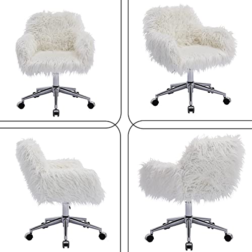 Goujxcy White Faux Fur Desk Chair, Cute Fluffy Upholstered Padded Seat, Vanity Accent Modern Height Adjustable Swivel Office Chair for Living Room Makeup Home Office Bedroom (White)