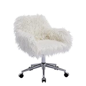 Goujxcy White Faux Fur Desk Chair, Cute Fluffy Upholstered Padded Seat, Vanity Accent Modern Height Adjustable Swivel Office Chair for Living Room Makeup Home Office Bedroom (White)