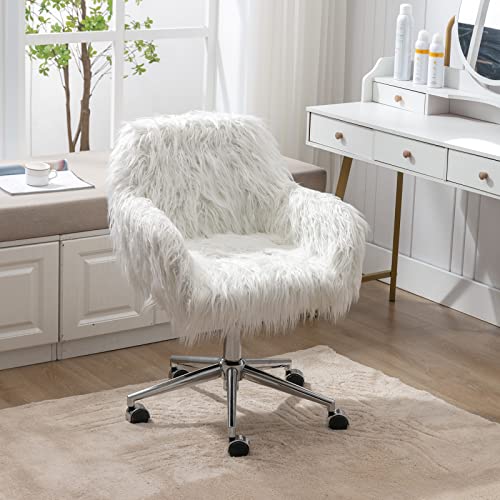 Goujxcy White Faux Fur Desk Chair, Cute Fluffy Upholstered Padded Seat, Vanity Accent Modern Height Adjustable Swivel Office Chair for Living Room Makeup Home Office Bedroom (White)