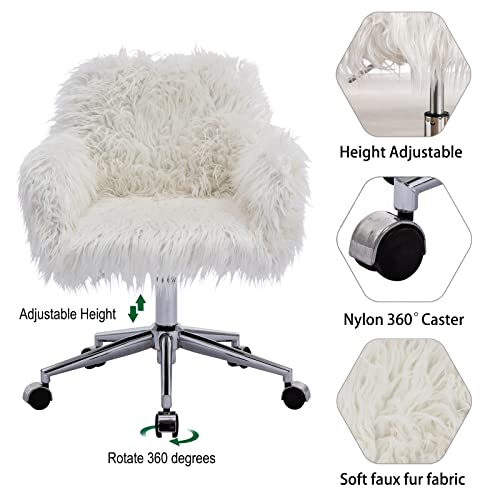 Goujxcy White Faux Fur Desk Chair, Cute Fluffy Upholstered Padded Seat, Vanity Accent Modern Height Adjustable Swivel Office Chair for Living Room Makeup Home Office Bedroom (White)