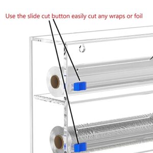 2 in 1 Plastic Wrap Dispenser with Cutter, Acrylic Aluminum Foil and Wax Paper Dispenser with Slide Cutter for Kitchen Drawer, Plastic Wrap Parchment Roll Organizer Holder, Fits 12" Roll, Clear