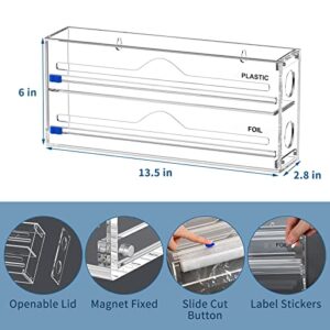 2 in 1 Plastic Wrap Dispenser with Cutter, Acrylic Aluminum Foil and Wax Paper Dispenser with Slide Cutter for Kitchen Drawer, Plastic Wrap Parchment Roll Organizer Holder, Fits 12" Roll, Clear