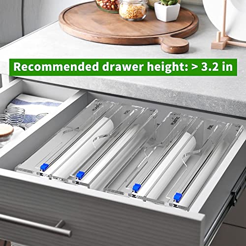 2 in 1 Plastic Wrap Dispenser with Cutter, Acrylic Aluminum Foil and Wax Paper Dispenser with Slide Cutter for Kitchen Drawer, Plastic Wrap Parchment Roll Organizer Holder, Fits 12" Roll, Clear