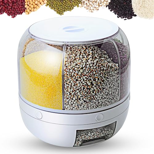 WOWFUNNY Grain Dispenser, 8.2 Qt Rotating Rice Dispenser Storage Container, 6-Compartment Dry Food with Measuring Cup, Containers for Kitchen Small Grains, Beans, (8.2Qt)