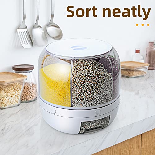 WOWFUNNY Grain Dispenser, 8.2 Qt Rotating Rice Dispenser Storage Container, 6-Compartment Dry Food with Measuring Cup, Containers for Kitchen Small Grains, Beans, (8.2Qt)