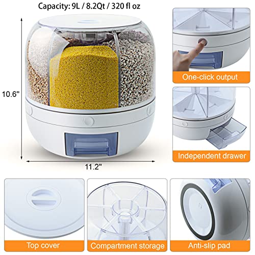 WOWFUNNY Grain Dispenser, 8.2 Qt Rotating Rice Dispenser Storage Container, 6-Compartment Dry Food with Measuring Cup, Containers for Kitchen Small Grains, Beans, (8.2Qt)