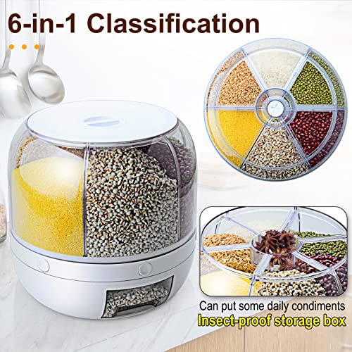 WOWFUNNY Grain Dispenser, 8.2 Qt Rotating Rice Dispenser Storage Container, 6-Compartment Dry Food with Measuring Cup, Containers for Kitchen Small Grains, Beans, (8.2Qt)