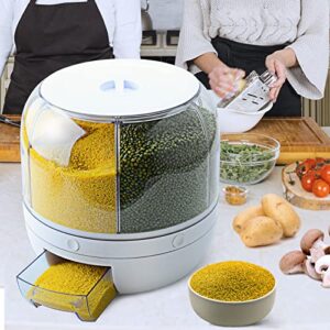 WOWFUNNY Grain Dispenser, 8.2 Qt Rotating Rice Dispenser Storage Container, 6-Compartment Dry Food with Measuring Cup, Containers for Kitchen Small Grains, Beans, (8.2Qt)