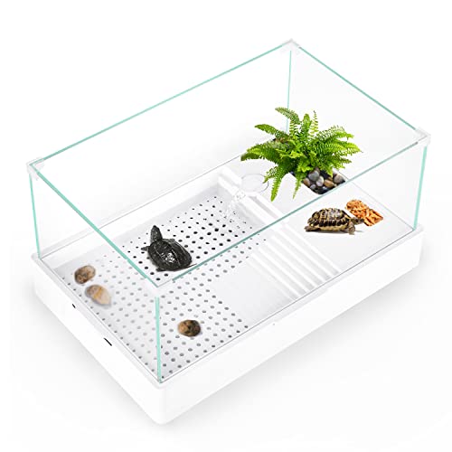 Orlushy Glass Turtle Tank Turtle Aquarium with Water Pump & Filter Cotton, Anti-Escaping Reptile Terrarium, Easy to Clean and Change Water, Multifunctional Areas for Turtles, Crayfish Crab (L)