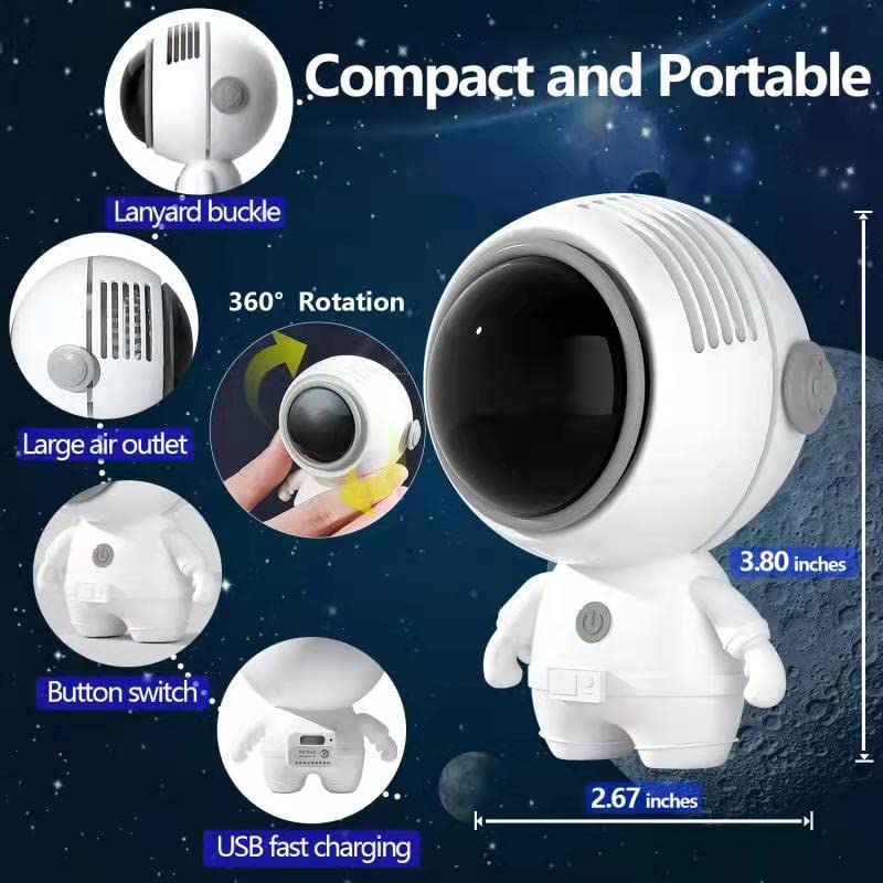 Handheld Neck Fan, Portable 3 Speeds Astronaut Pocket Cooling Fan,Decoration USB Rechargeable Mini Quiet Desk Fan,With Keychain,For Kids Teenager Outdoor Picnic Office Travel White 3.93*2.95 inches