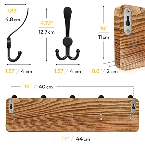 SAYONEYES Wood Coat Rack Wall Mount with 5 Tri Coat Hooks for Hanging – 17 Inch Heavy Duty Premium Solid Pine Wood – Wall Hooks Rack for Bathroom, Bedroom, Entryway (Brown)