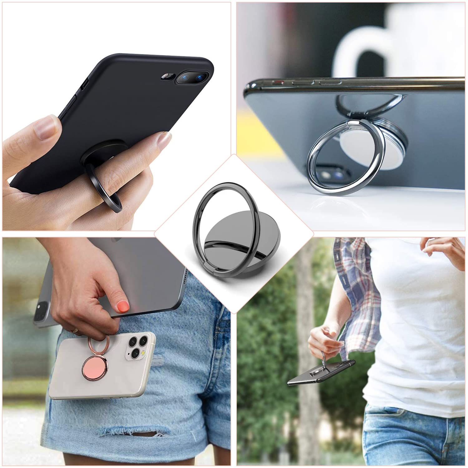 Cell Phone Ring Holder Finger Stand Elegant Ring Phone Holder with 360° Rotation Phone Rings for Back of Phone Compatible with iPhone Kickstand, Pop Socket (Black)