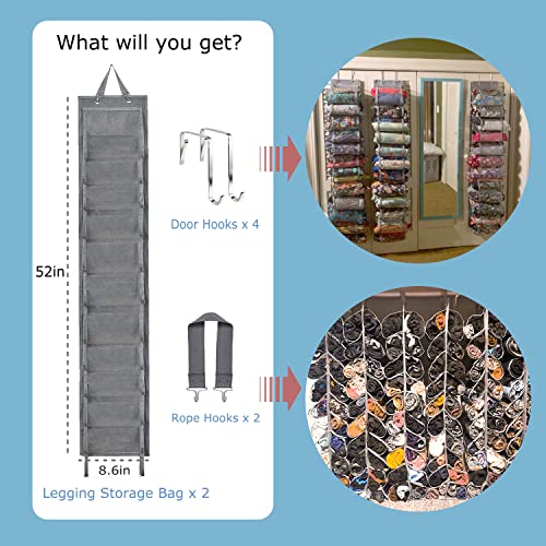 KISYONGUS 2 Pack Leggings Storage Organizer, Hanging Legging Organizer for Closet, Yoga Legging Roll Holder with 24 Compartments Over The Door, Space Saver Closet Storage Organization (Gray - 2 pcs)