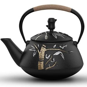 tea kettle, cast iron tea pot with stainless steel infuser, japanese tea pots for stove top, unique hand painted bamboo pattern, teapots with enameled interior, tetsubin tea kettle, 800ml