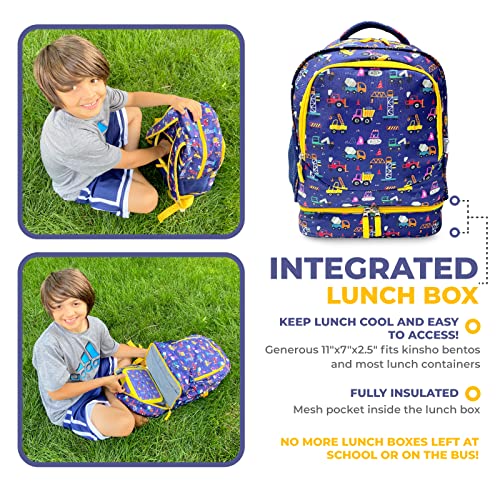 Backpack with Lunch Box for Boys, Cute 15” Boy Backpacks and Integrated Lunch Bag with Water Bottle Pocket Holder, Insulated Padded Travel Bags Boxes for Elementary School Kids, Blue Yellow Trucks