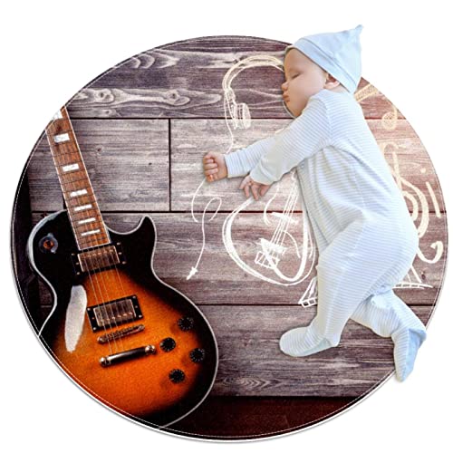 Niaocpwy Guitar with Bright Sketch in Wooden Interior Non Slip Round Rug Pads for Bedroom Bathroom Kitchen Teen’s Room Decor for Girls Boys Floor Mat Study Chair Pad Area Rug 3.3'