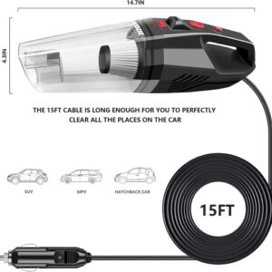 Car Vacuum Cleaner, Wet & Dry Use with LED Light and 15ft Power Cord, Handheld Vacuum Cleaner High Power 8000Pa/120W/DC12V, Small Auto Accessories Kit for Interior Detailing