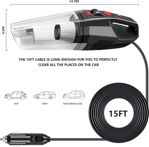 Car Vacuum Cleaner, Wet & Dry Use with LED Light and 15ft Power Cord, Handheld Vacuum Cleaner High Power 8000Pa/120W/DC12V, Small Auto Accessories Kit for Interior Detailing