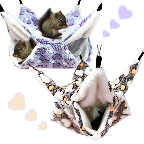 Oagsln 2 Pieces Small Guinea Pig Rat Hammock Guinea Pet Small Animal Hanging Hammock Bunkbed for Sugar Glider Squirrel Playing 7.8 x 7.8 inch(Coffee and Purple)