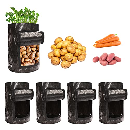 DAIKOYE 4-Pack 10 Gallons Grow Bags Potato Planter Bag with Access Flap and Handles for Harvesting Potato, Carrot, Onion, Tomato and Vegetables