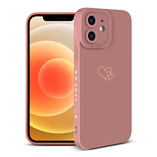 Gukalong Compatible iPhone 12 Case with Heart Design Heavy Duty Shockproof Protection Silicone Cover Anti-Scratch Non-Slip Wireless Charging Soft Case for iPhone 12 - Pink