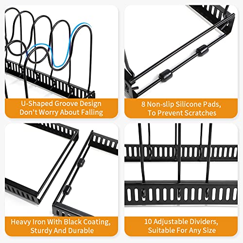 ANIUNIU Expandable Pot Organizer Rack, Pans and Pots Lid Organizer Rack Holder with 10 Adjustable Compartment for Kitchen Cabinet Cookware Baking Frying Rack, Black…