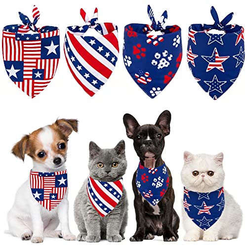 American Flag Dog Bandanas, 4th of July Dog Bandanas, 4 Pack Triangle Pet Scarfs, Holiday Pet Bandana for Small Medium Large Dogs Cats Pets