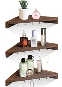 wood corner floating shelves wall-mounted - set of 3 corner shelves with hooks, rustic wall storage display shelf for bathroom, floating shelves for bedroom, kitchen, office, brown