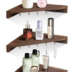 Wood Corner Floating Shelves Wall-Mounted - Set of 3 Corner Shelves with Hooks, Rustic Wall Storage Display Shelf for Bathroom, Floating Shelves for Bedroom, Kitchen, Office, Brown