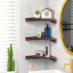 Wood Corner Floating Shelves Wall-Mounted - Set of 3 Corner Shelves with Hooks, Rustic Wall Storage Display Shelf for Bathroom, Floating Shelves for Bedroom, Kitchen, Office, Brown