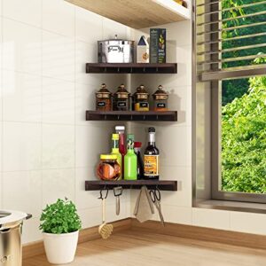 Wood Corner Floating Shelves Wall-Mounted - Set of 3 Corner Shelves with Hooks, Rustic Wall Storage Display Shelf for Bathroom, Floating Shelves for Bedroom, Kitchen, Office, Brown