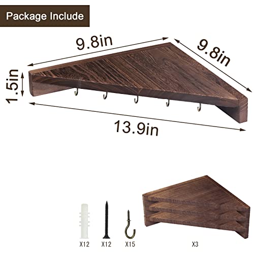 Wood Corner Floating Shelves Wall-Mounted - Set of 3 Corner Shelves with Hooks, Rustic Wall Storage Display Shelf for Bathroom, Floating Shelves for Bedroom, Kitchen, Office, Brown